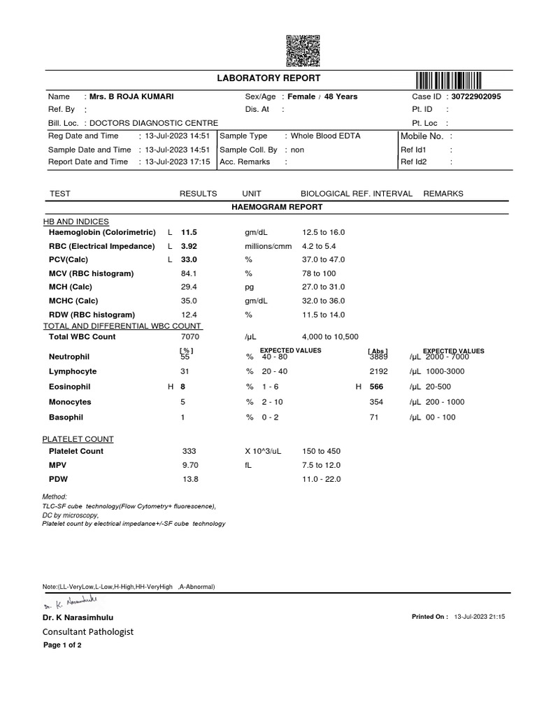 Laboratory Report: Consultant Pathologist | PDF | White Blood Cell | Blood