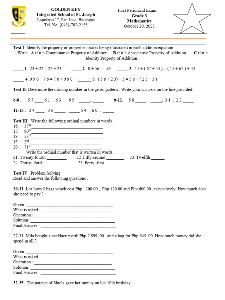 First Periodical Exam in Math 3 | PDF | Mathematics
