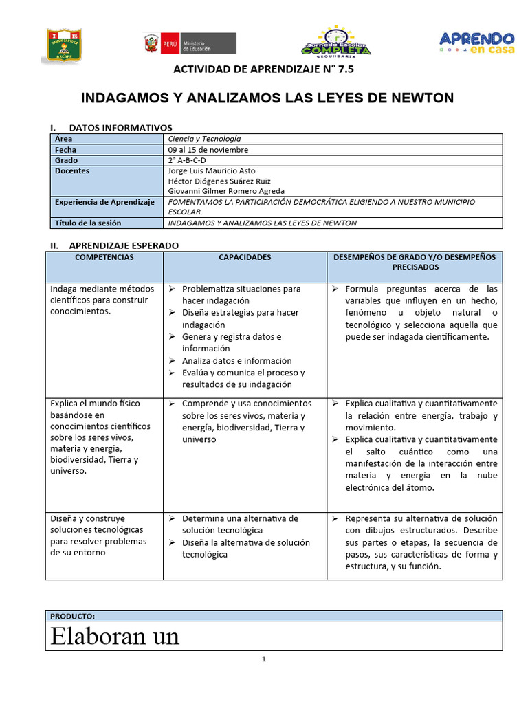 Actividad 7.5 - Eda 07 - Segundo Grado | PDF | Fuerza | Las leyes del movimiento de Newton