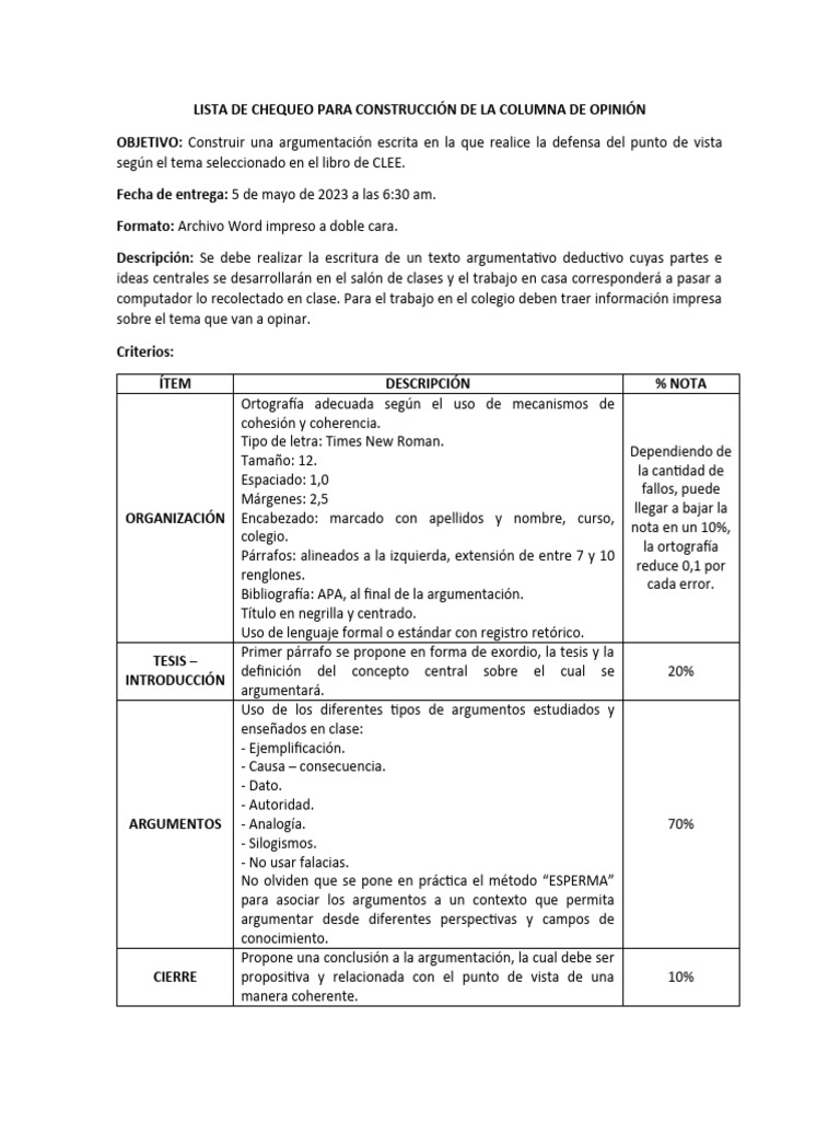 Lista de Chequeo para Construccion de La Columna de Opinion | PDF ...