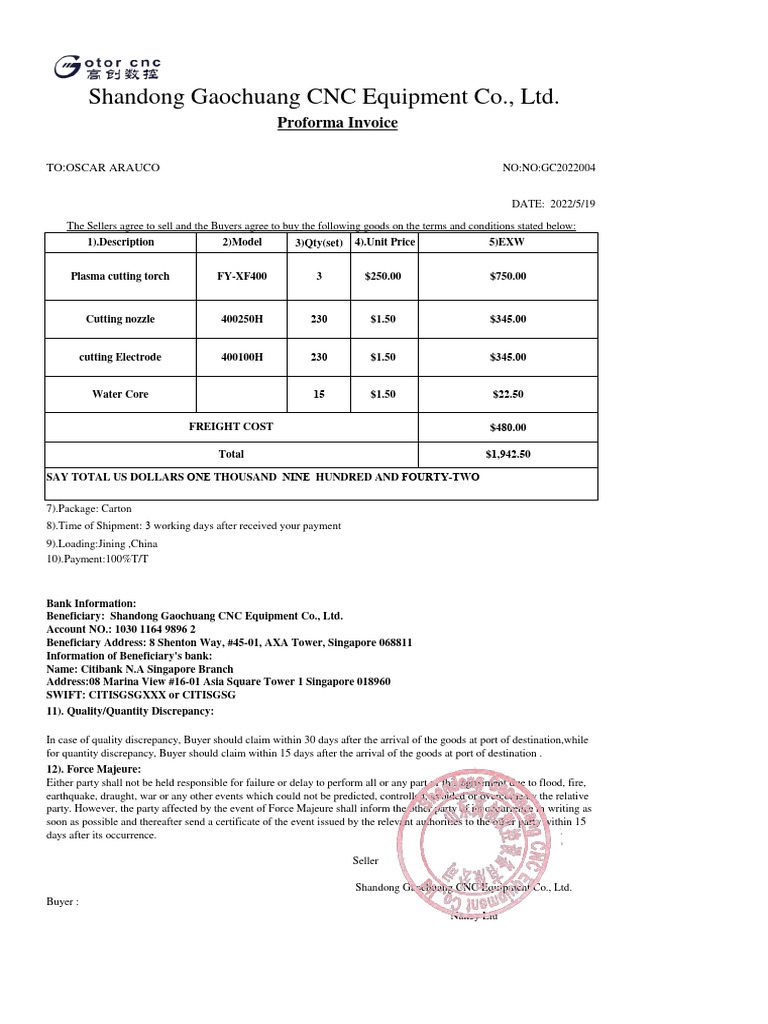 Shandong Gaochuang CNC Equipment Co., LTD.: Proforma Invoice | PDF ...