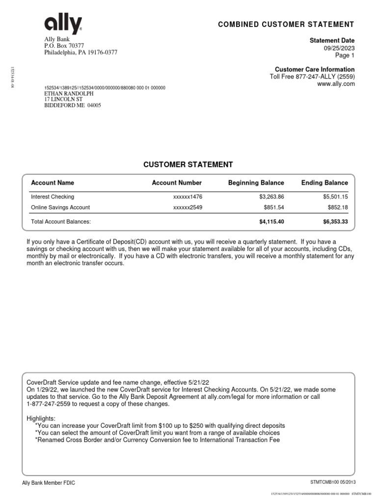 Customer Statement: Ally Bank P.O. Box 70377 Philadelphia, PA 19176 ...