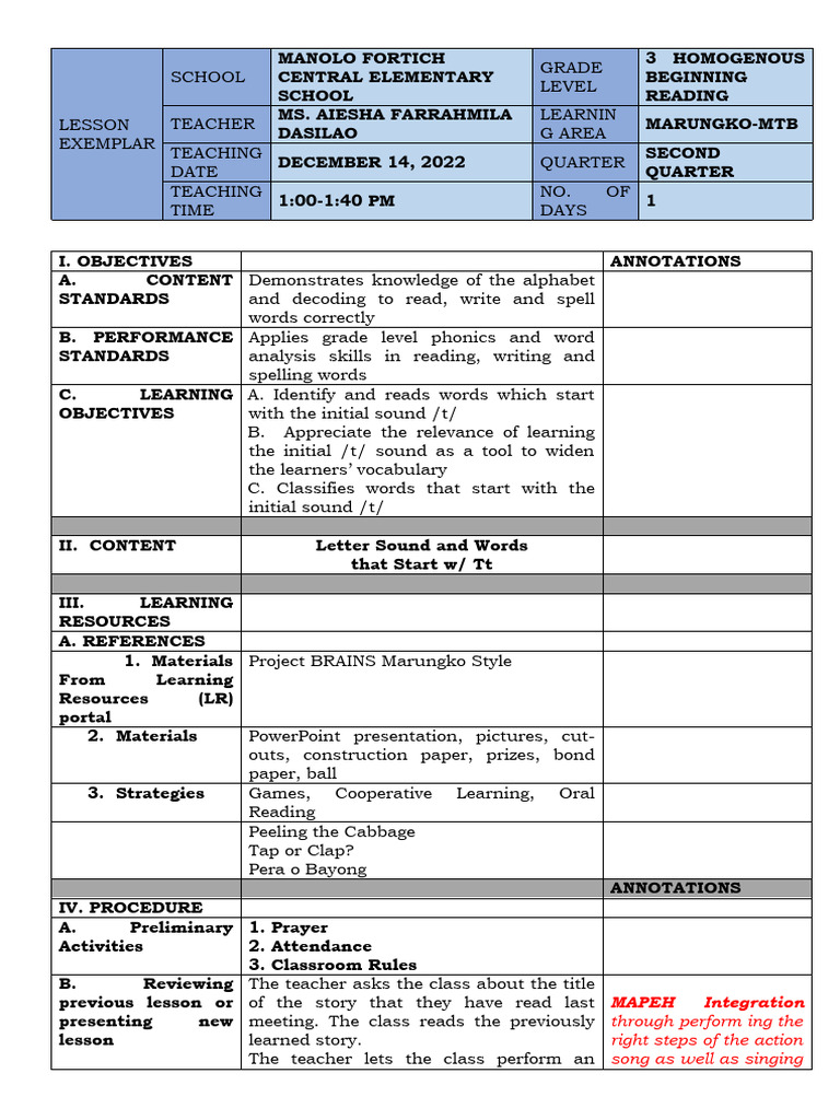 Lesson Plan in Marungko-Mtb | PDF | Linguistics | Communication