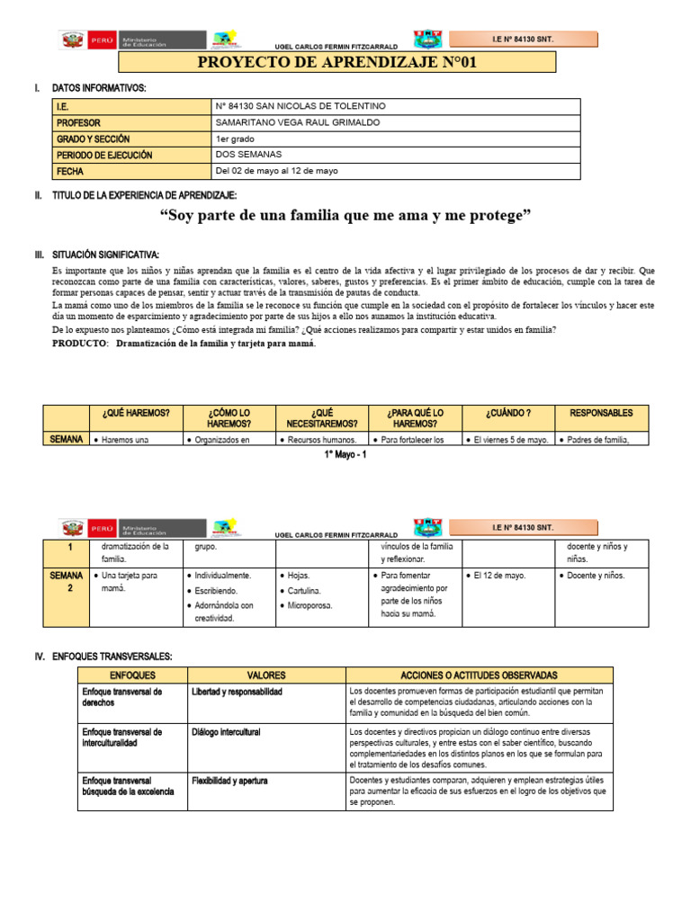 1° Grado - Proyecto de Aprendizaje N°01 | PDF | Aprendizaje | Comunicación no verbal