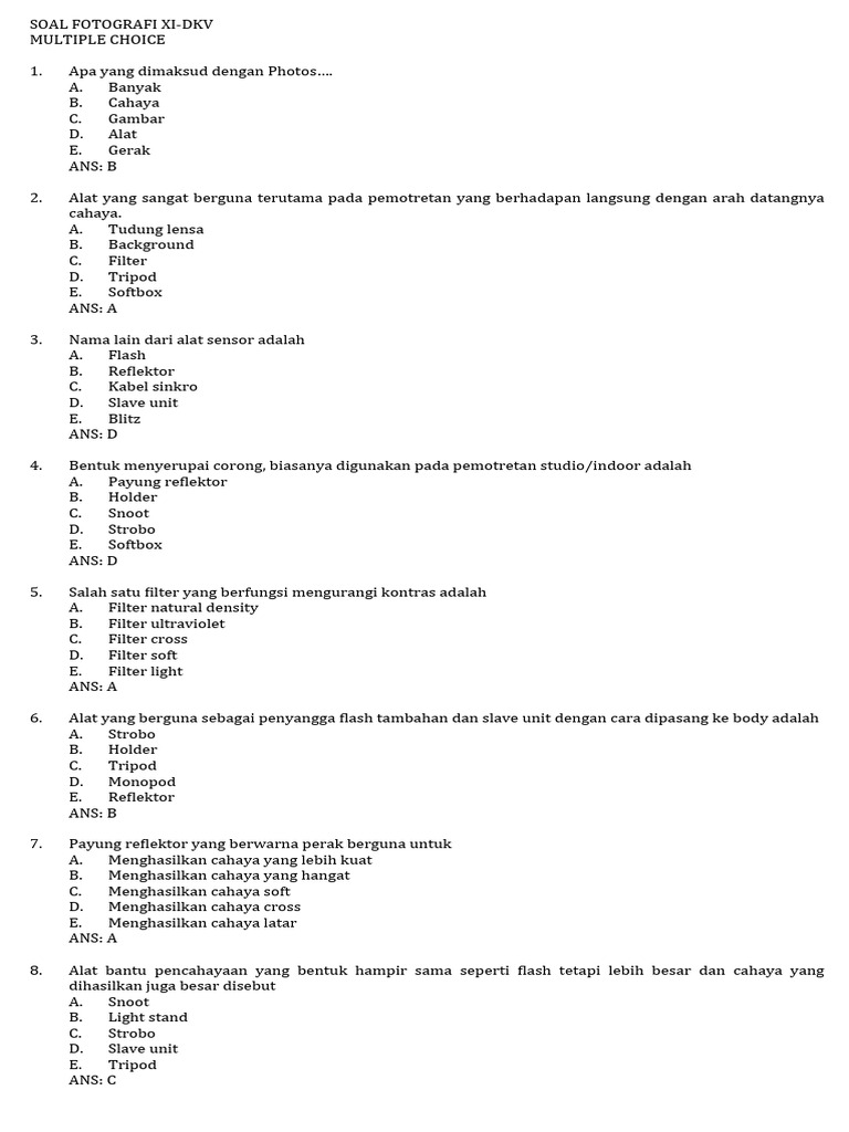 Soal Fotografi XI-DKV: Pilihan Ganda | PDF