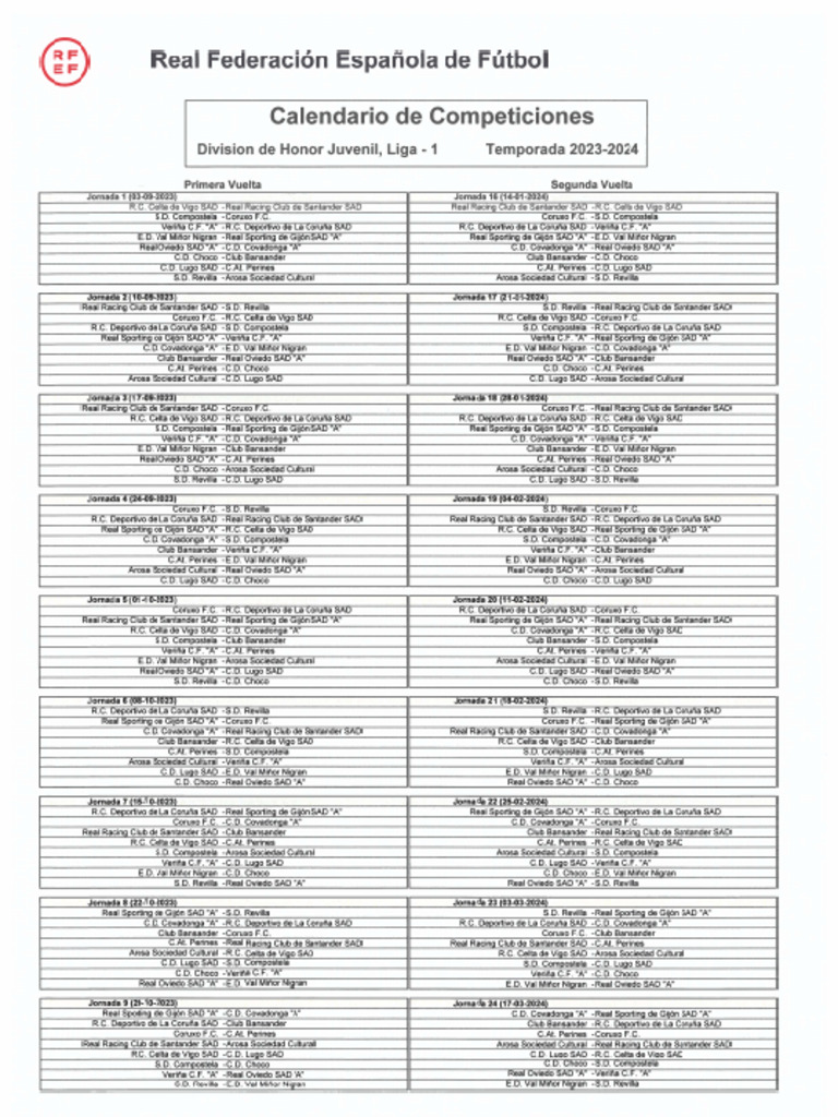 Calendario Division de Honor Juvenil Grupo 1 | PDF
