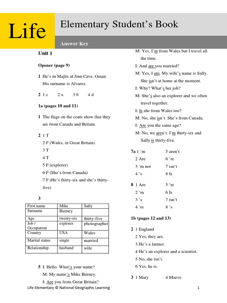 Student's Book Answer Key | PDF