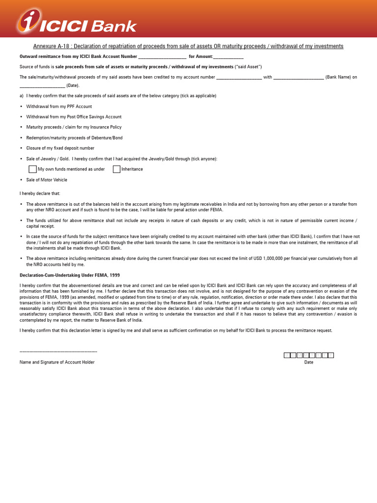 Annexure A-18 Declaration of Repatriation of Proceeds From Sale of ...