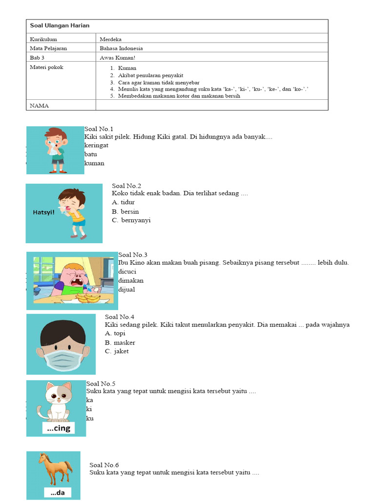 Soal Bahasa Indonesia Kelas 1 Bab 3 Awas Kuman | PDF