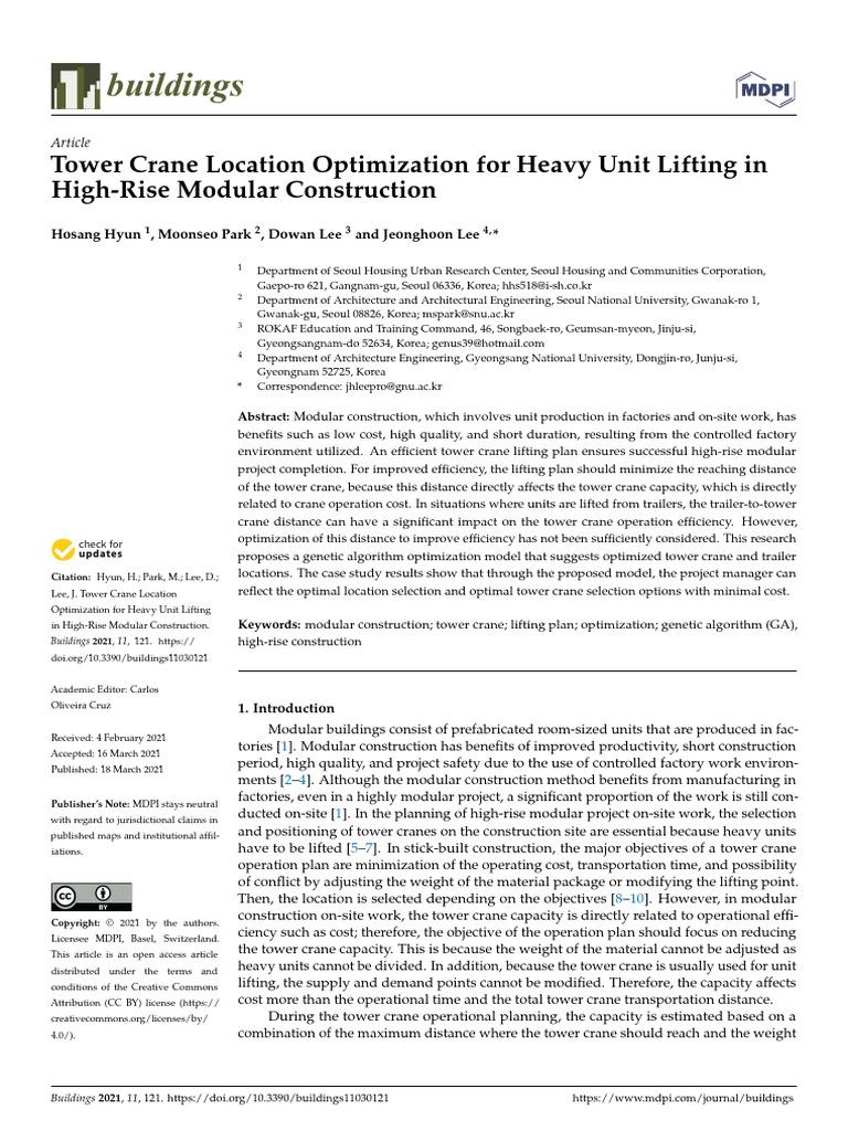 Tower Crane Location Optimization For Heavy Unit Lifting in High-Rise Modular Construction | PDF ...