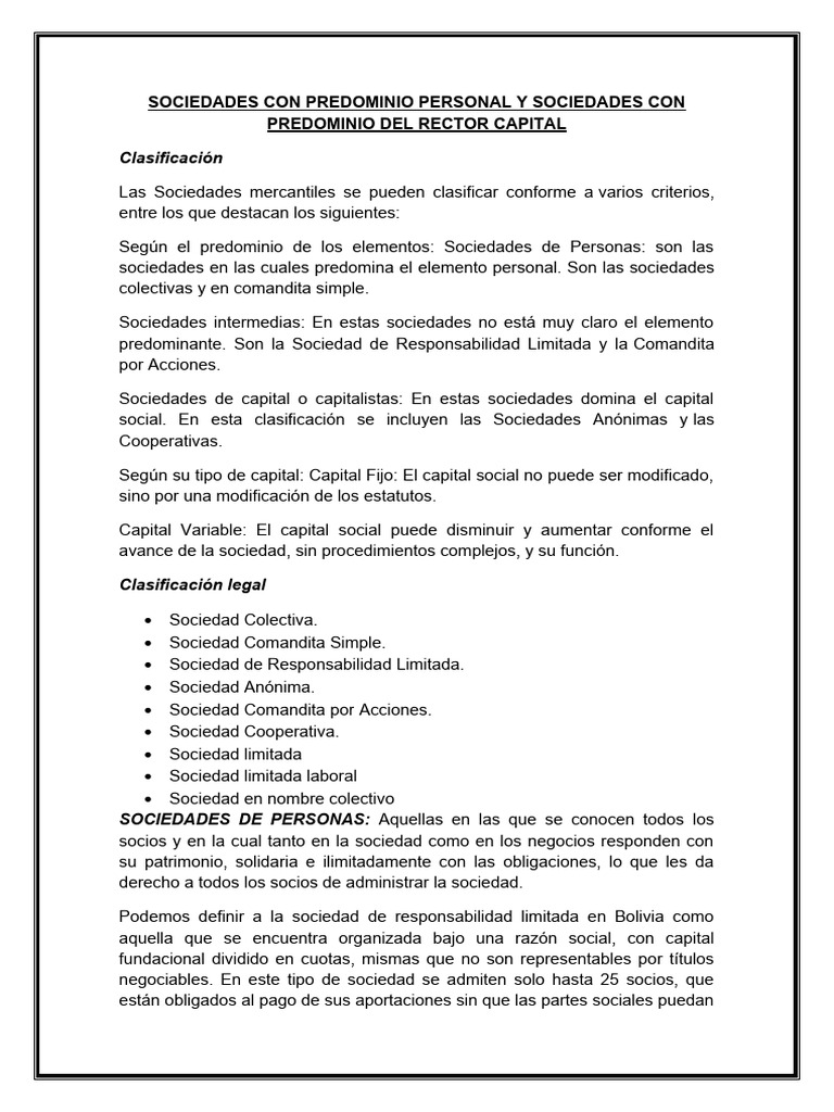 Sociedades Con Predominio Personal y Sociedades Con Predominio Del ...