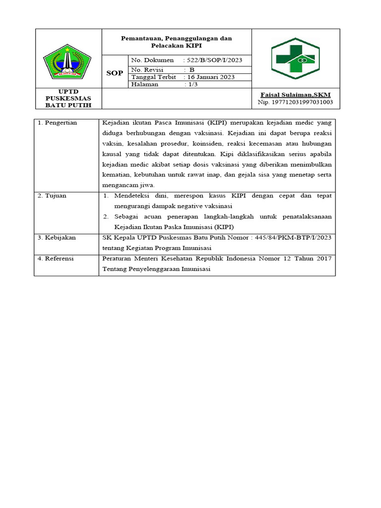 SOP Pemantauan, Penanggulangan, KIPI | PDF