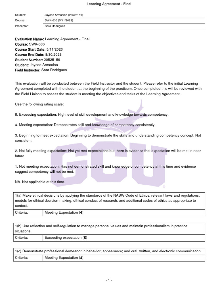 Final Learning Agreement | PDF | Critical Thinking | Learning