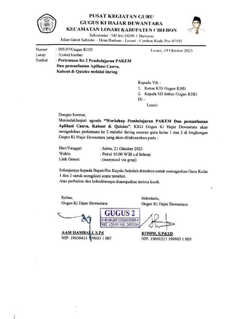 Surat Undangan Program KKG Gugus Pertemuan Ke 2 | PDF