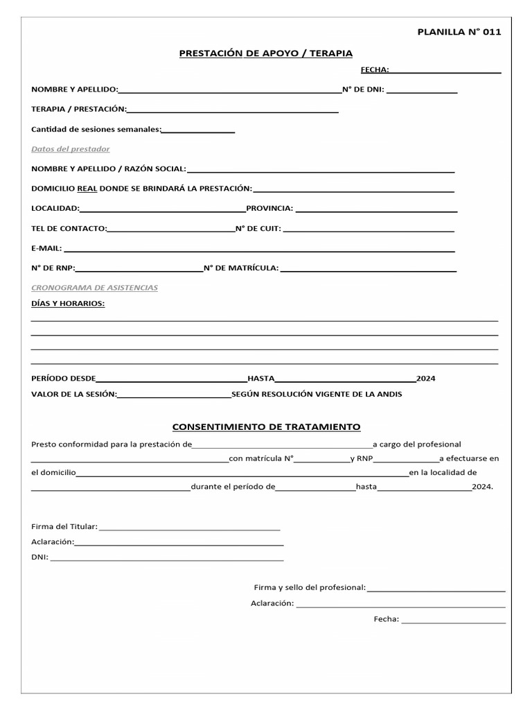 Planilla 011 - PRESTACIONES DE APOYO - TERAPIAS | PDF