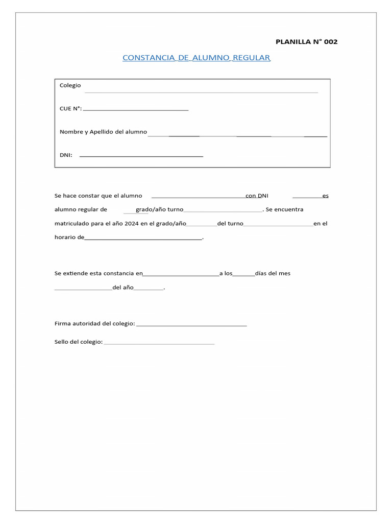 Planilla 002 - CONSTANCIA DE ALUMNO REGULAR | PDF