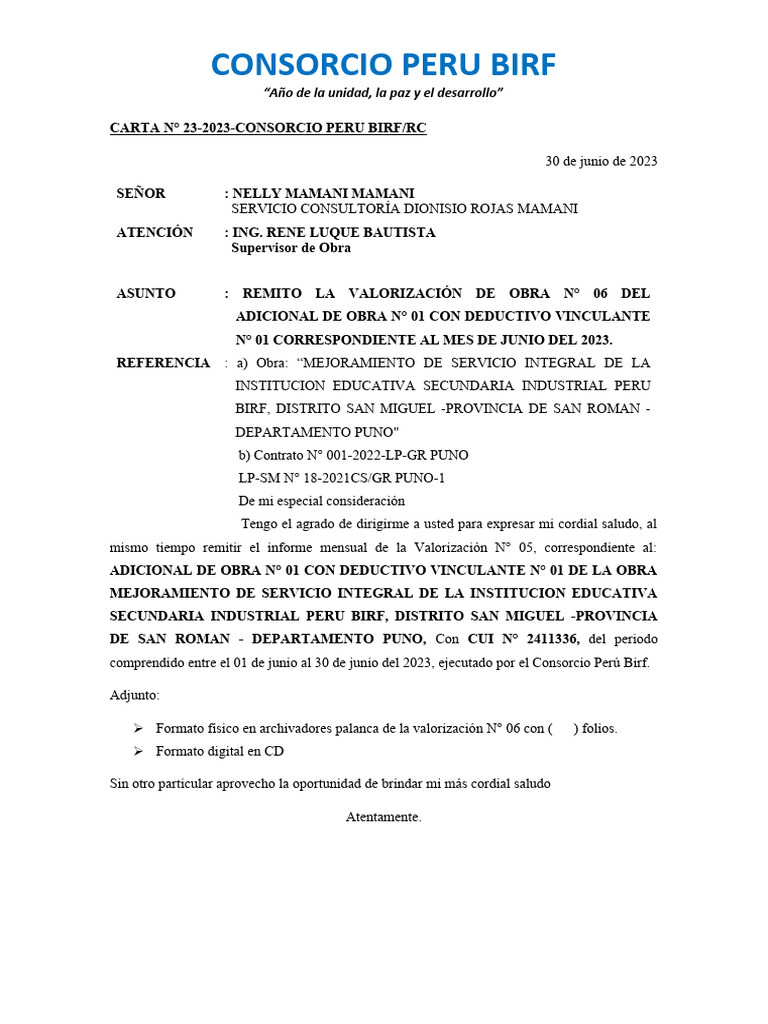 Valorización Obra N° 06 - Consorcio Perú BIRF | PDF