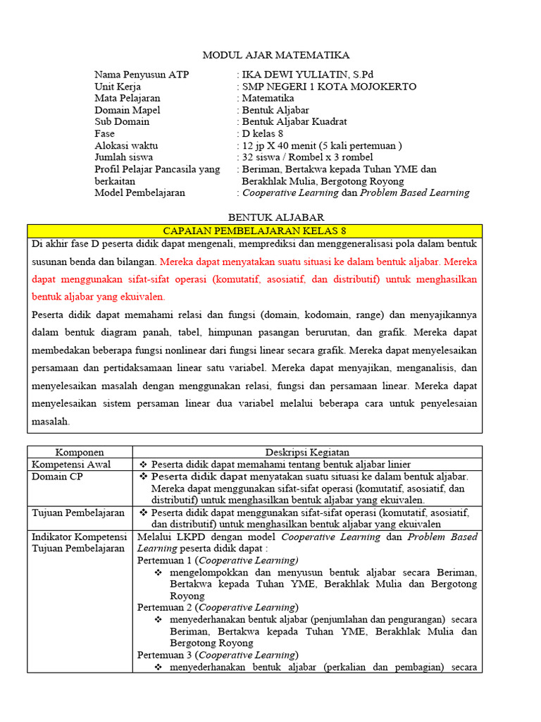 modul ajar bentuk aljabar 8 | PDF