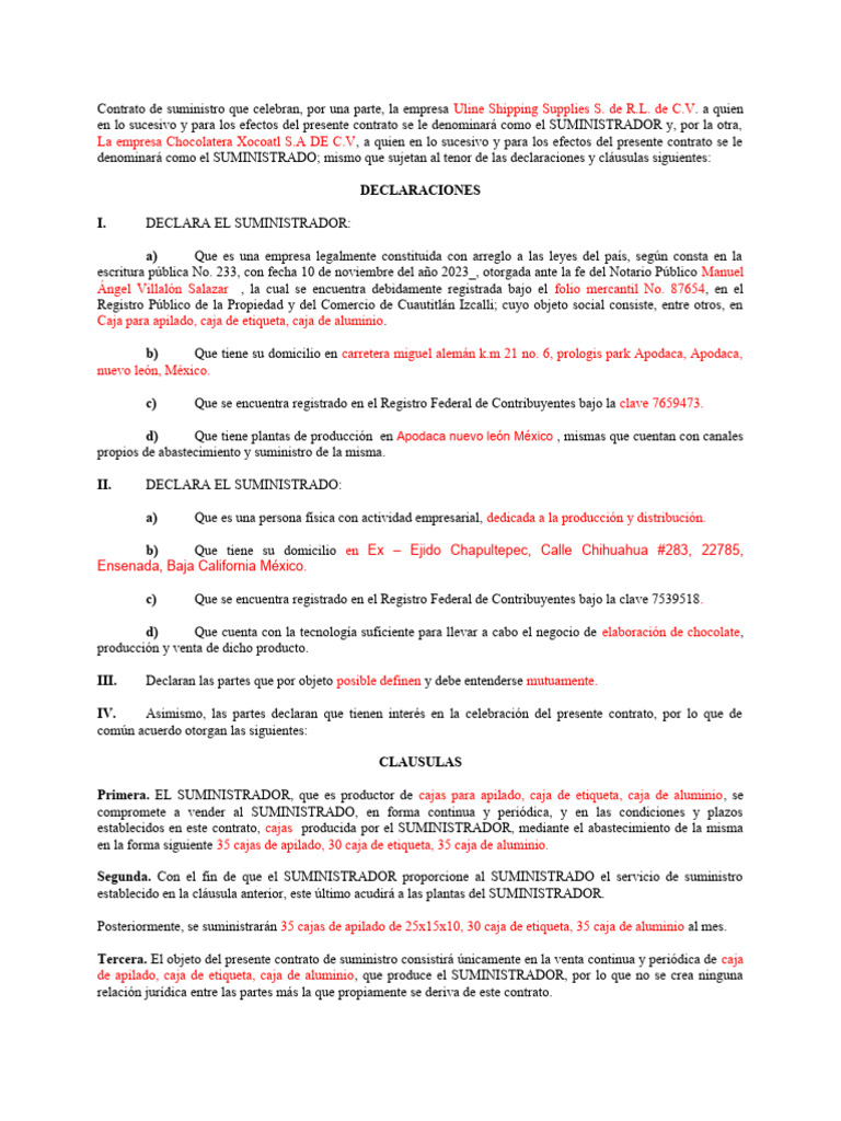 Contrato de Suministro Uline | PDF | México