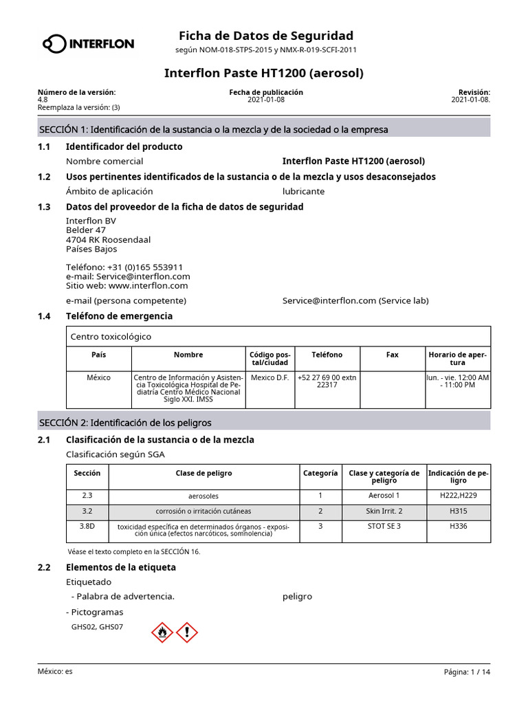 37.MSDS - Interflon Paste HT1200 | PDF | Residuos | Combustión