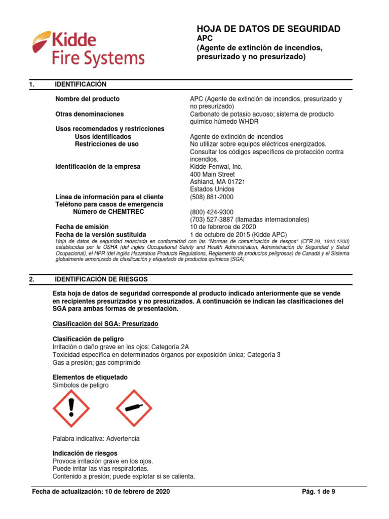 21.kidde Fire Systems APC Wet Chemical Safety Data Sheet 10-Feb 2020 ... 21.kidde Fire Systems APC Wet Chemical Safety Data Sheet 10-Feb 2020 ...