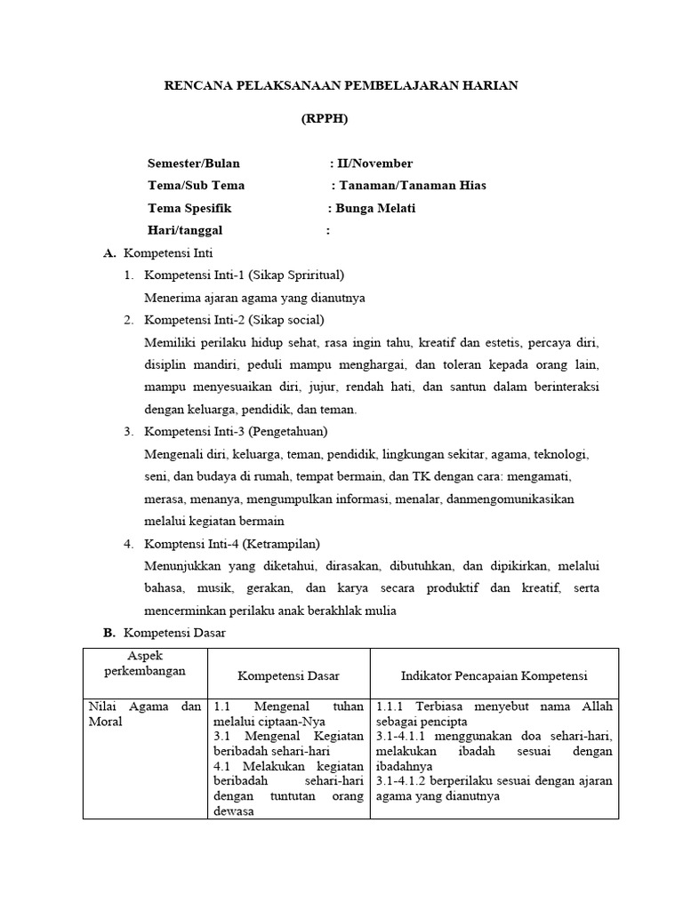 RPPH Tema Tanaman Hias Bunga Melati | PDF