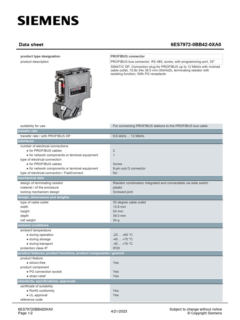 2. 6ES79720BB420XA0 Datasheet En | PDF | Electrical Connector | Ac Power Plugs And Sockets