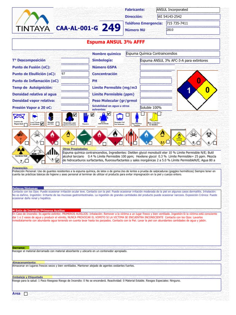 hoja de MSDS espuma contra incendio | PDF | Agua | Materiales
