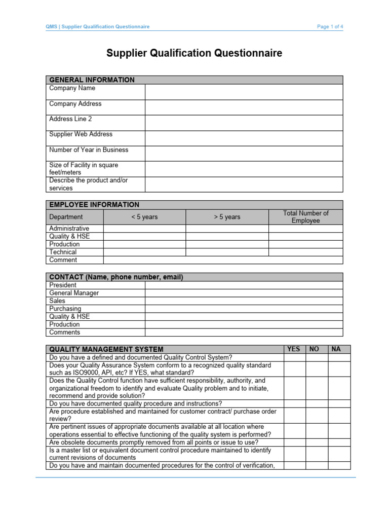 Supplier Qualification Questionnaire | PDF | Calibration | Personal Protective Equipment
