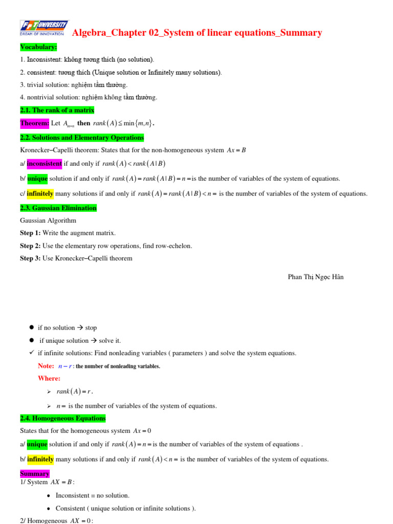 MAE101 - FALL2023 - Algebra - Chapter 02 - System of Linear Equations - Summary | PDF | Science ...