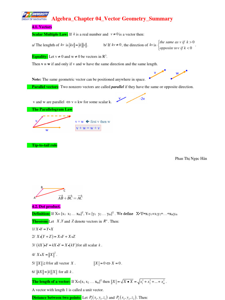 MAE101 - FALL2023 - Algebra - Chapter 04 - Vector Geometry - Summary ...