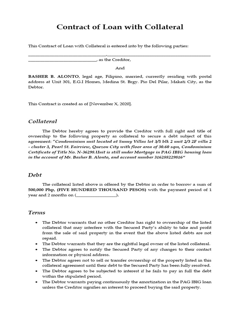 Contract of Loan With Collateral | PDF | Debt | Loans