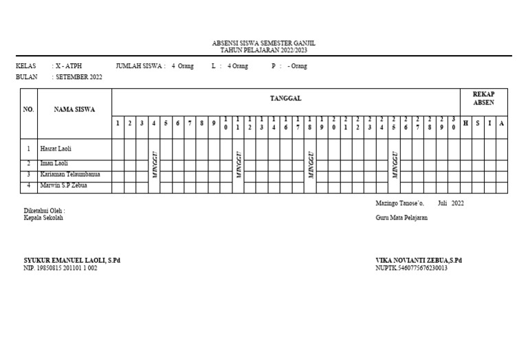 Rekap Absensi Siswa Semester Ganjil | PDF