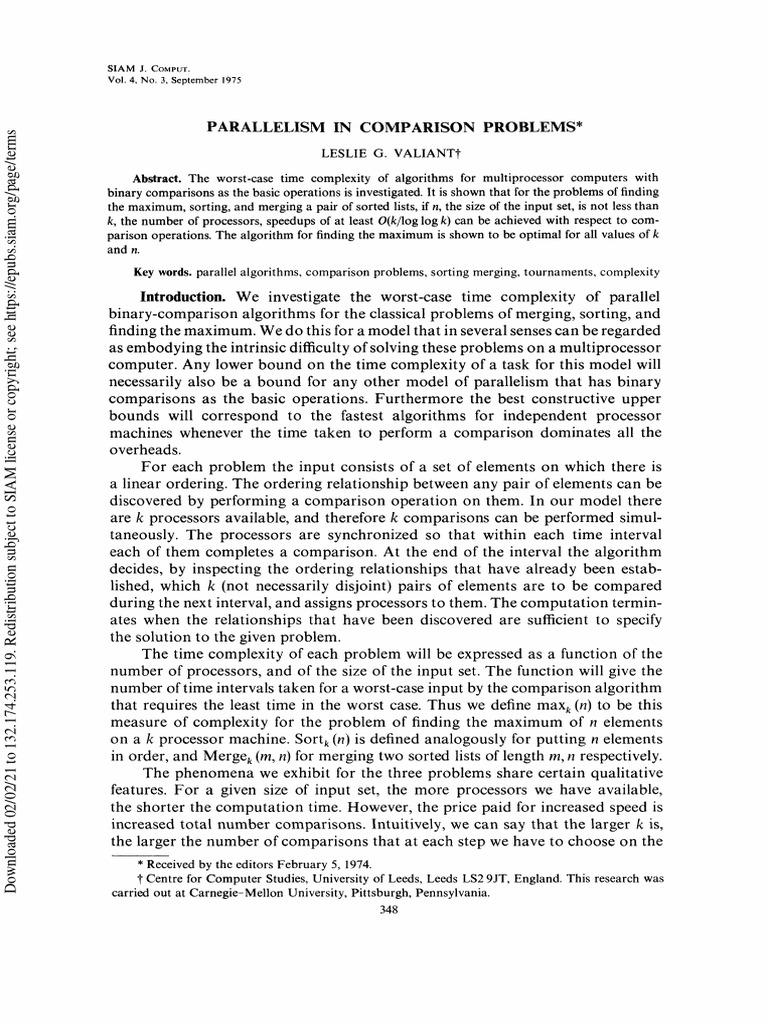 1975 - Parallelism in Comparison Problems | PDF | Time Complexity | Mathematical Logic