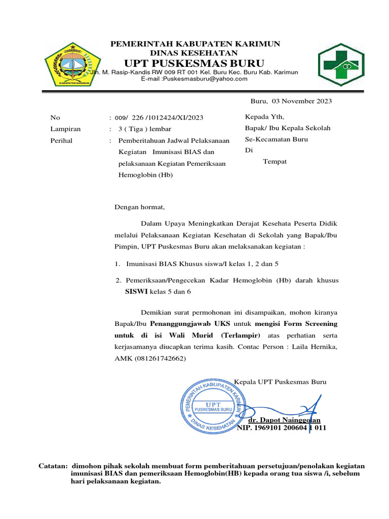 Undangan BIAS Dan Pemeriksaan HB Putri | PDF