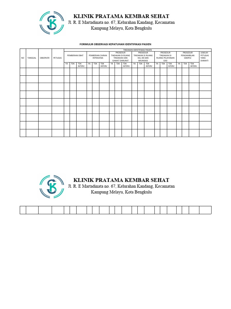 Formulir Observasi Kepatuhan Identifikasi Pasien | PDF