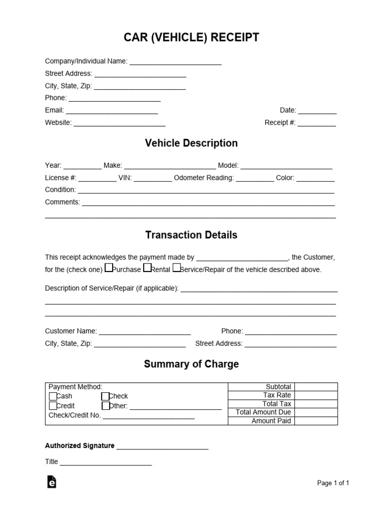 Vehicle Payment Receipt Template | PDF