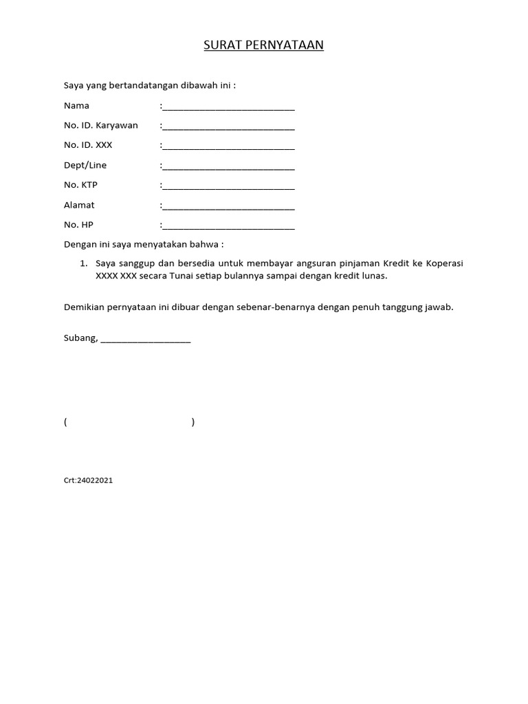 Surat Pernyataan Debitur Bayar Cash | PDF