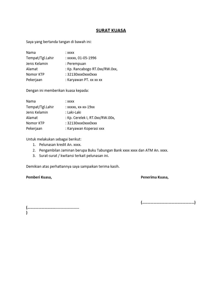 Surat Kuasa Take Over | PDF