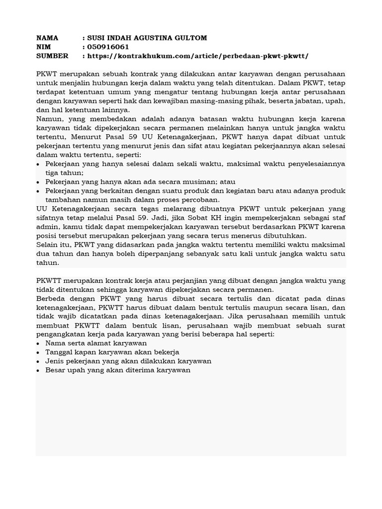 Perbedaan PKWT dan PKWTT dalam Ketenagakerjaan | PDF