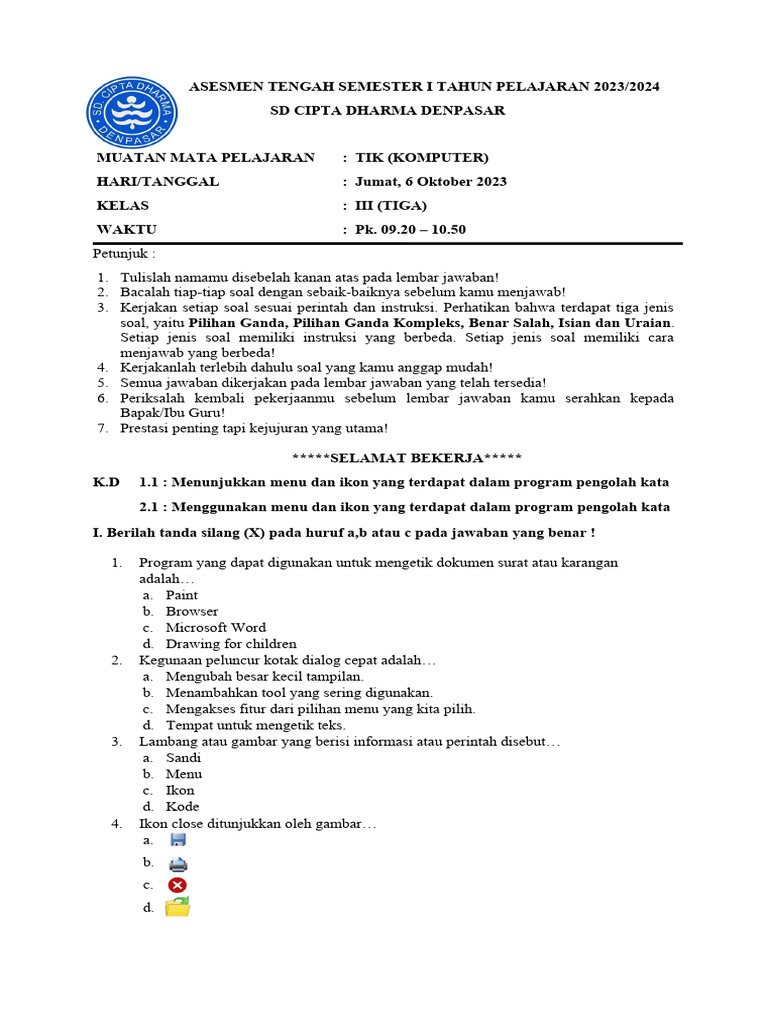 Asesmen Tengah Semester I Kelas 3 Tahun Pelajaran 2023 2024 | PDF