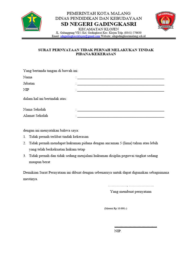 Surat Pernyataan Bebas Tindak Pidana Kekerasan | PDF