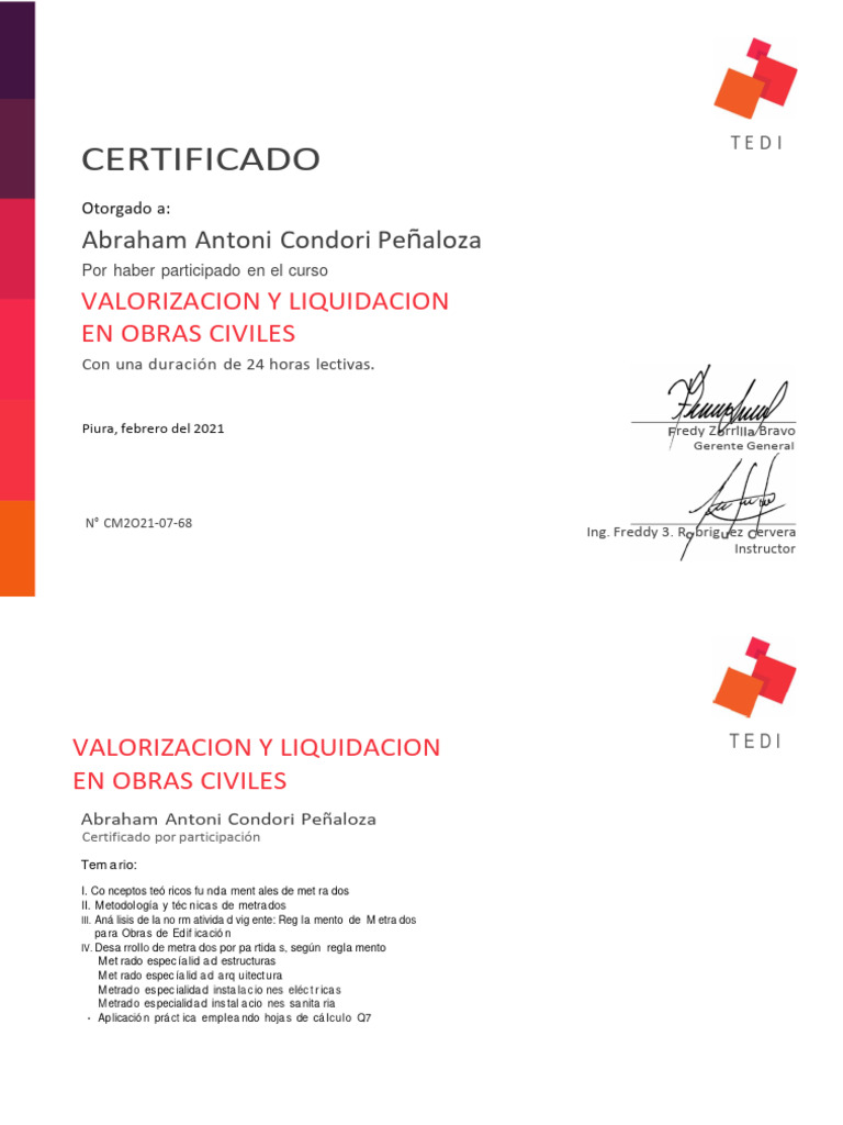Certificado en Valorización de Obras Civiles | PDF