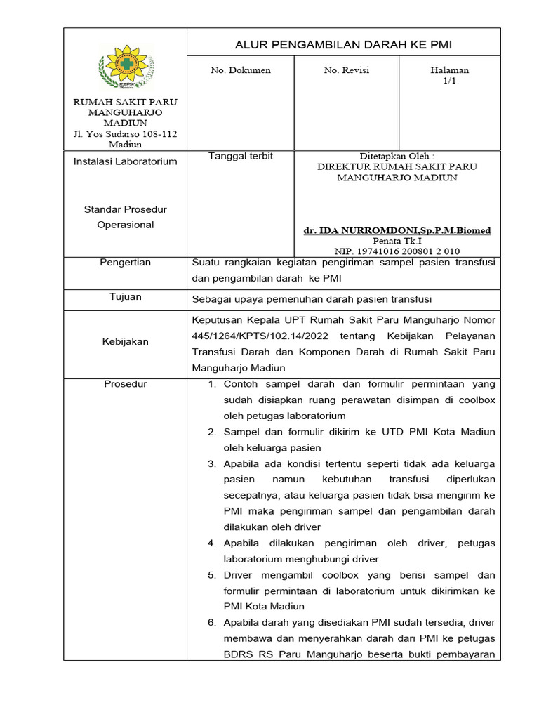 SOP Alur Pengambilan Darah Ke PMI | PDF