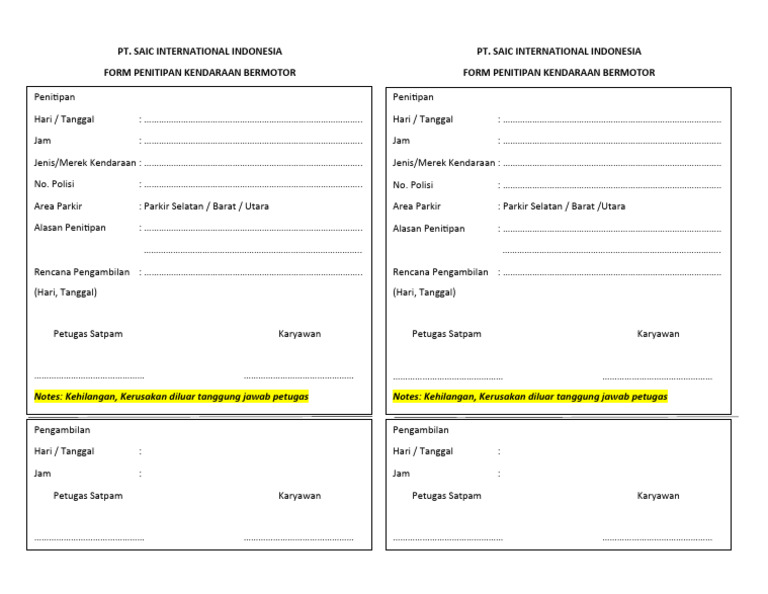 Form Penitipan Kendaraan Bermotor | PDF