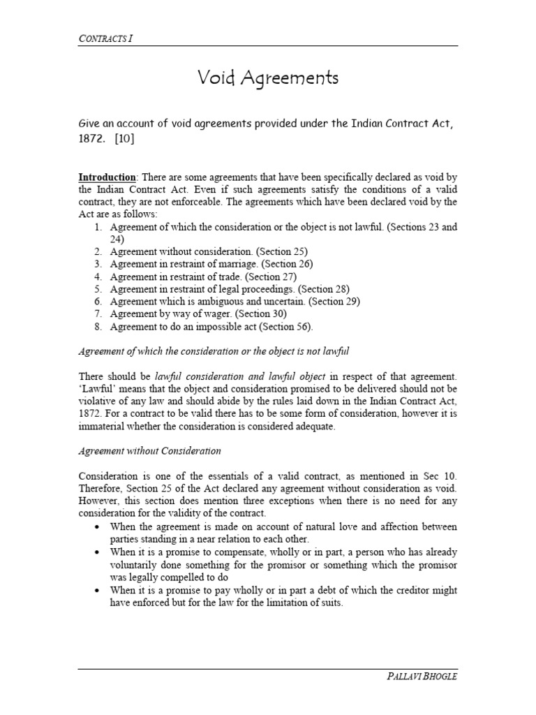 Void Agreements | PDF | Restraint Of Trade | Consideration