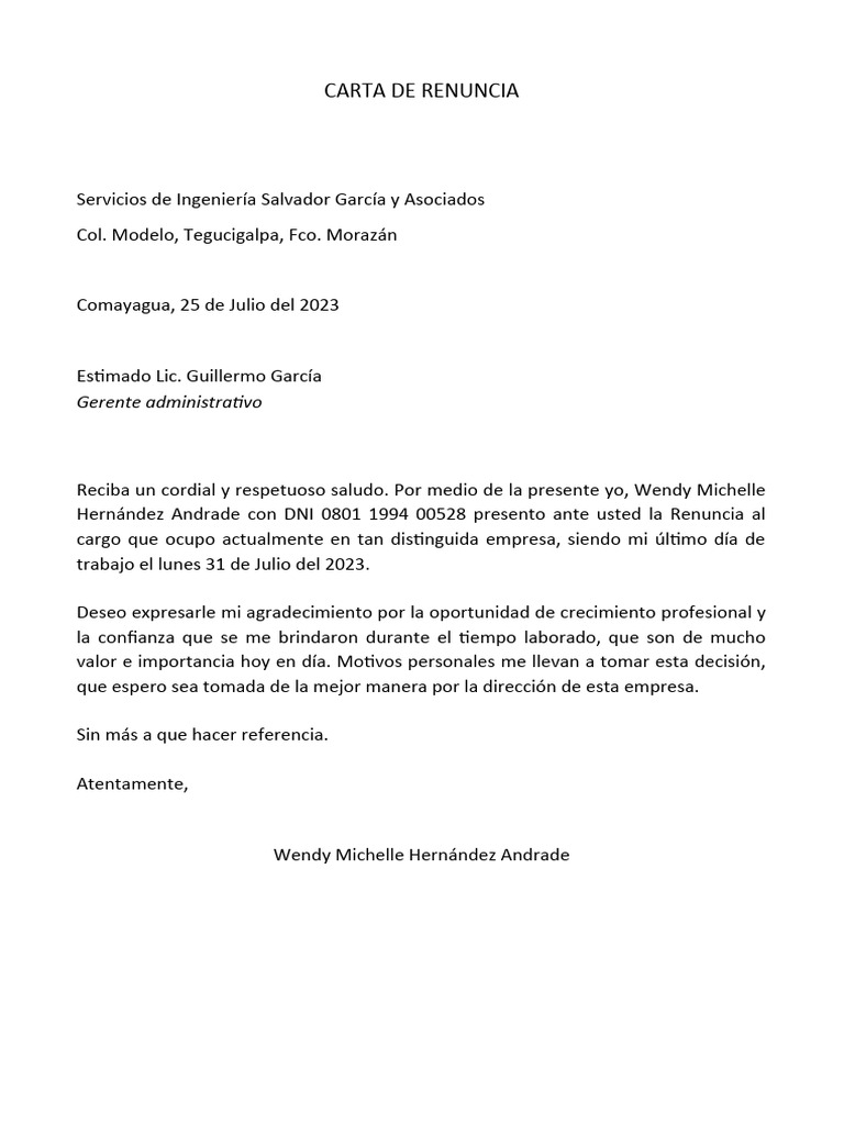 Carta de Renuncia - Wendy Michelle Hernández | PDF