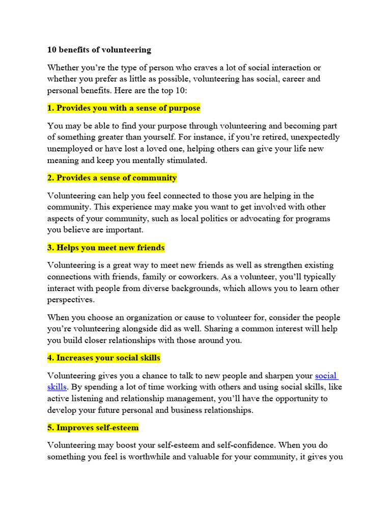 10 Benefits of Volunteering | PDF | Volunteering | Self Esteem