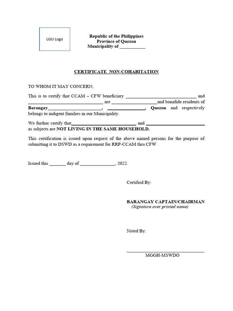 Certificate of Non Cohabitation Barangay | PDF