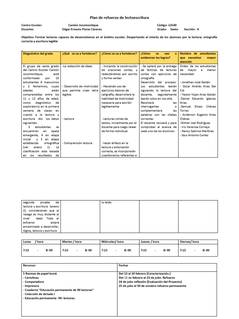 Plan de Refuerzo de Lectoescritura 6° | PDF | Comunicación escrita ...